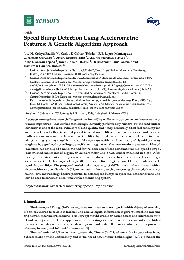 (PDF) Speed Bump Detection Using Accelerometric Features: A Genetic Algorithm Approach | Jose ...
