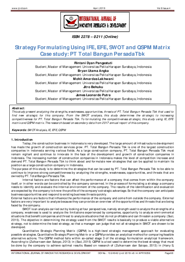 (PDF) Strategy Formulating Using IFE, EFE, SWOT and QSPM Matrix Case ...