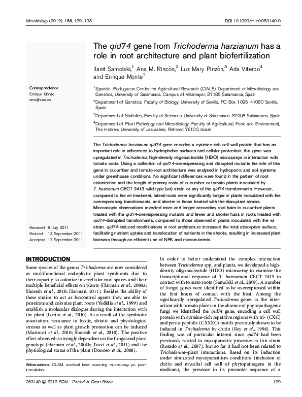(PDF) The qid74 gene from Trichoderma harzianum has a role in root architecture and plant ...