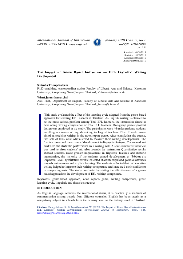 Pdf The Impact Of Genre Based Instruction On Efl Learners Writing Development