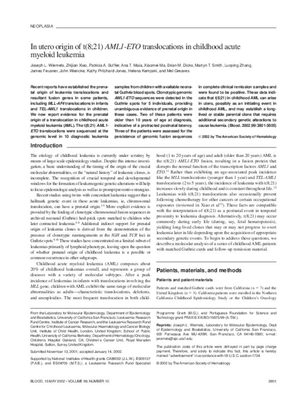 (PDF) In utero origin of t(8;21) AML1-ETO translocations in childhood ...