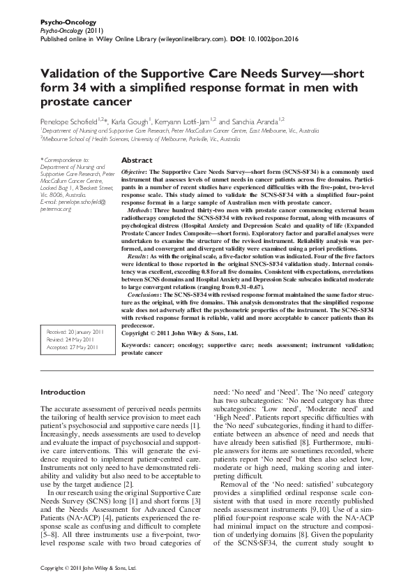 (PDF) Validation of the Supportive Care Needs Survey-short form 34 with ...