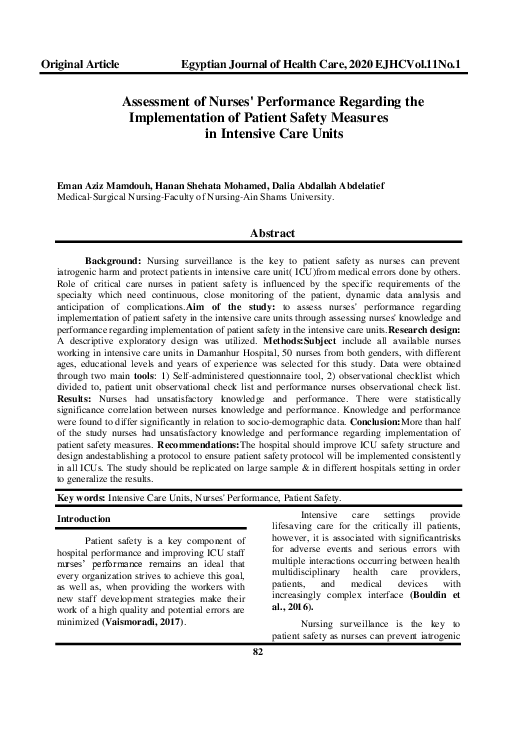 (PDF) Assessment of Nurses' Performance Regarding the Implementation of Patient Safety Measures ...