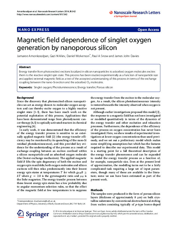 (PDF) Magnetic field dependence of singlet oxygen generation by ...