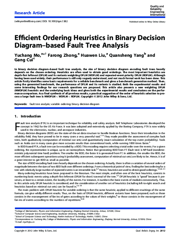 (PDF) Efficient Ordering Heuristics in Binary Decision Diagram-based Fault Tree Analysis