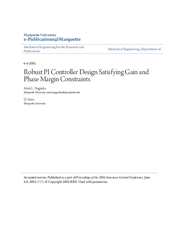 (PDF) Robust PI controller design satisfying gain and phase margin constraints