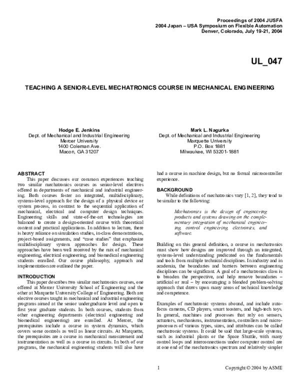 (PDF) Teaching a Senior-Level Mechatronics Course in Mechanical Engineering | Mark Nagurka ...