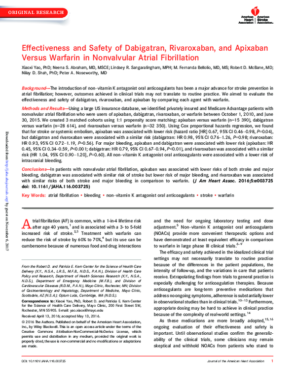 Effectiveness and Safety of Dabigatran, Rivaroxaban, and Apixaban Versus Warfarin in Nonvalvular ...