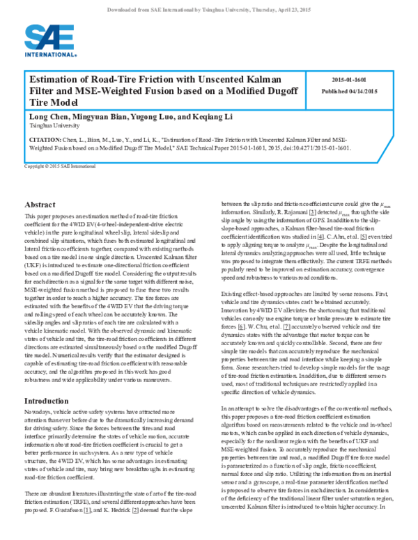 (PDF) Estimation of Road-Tire Friction with Unscented Kalman Filter and ...