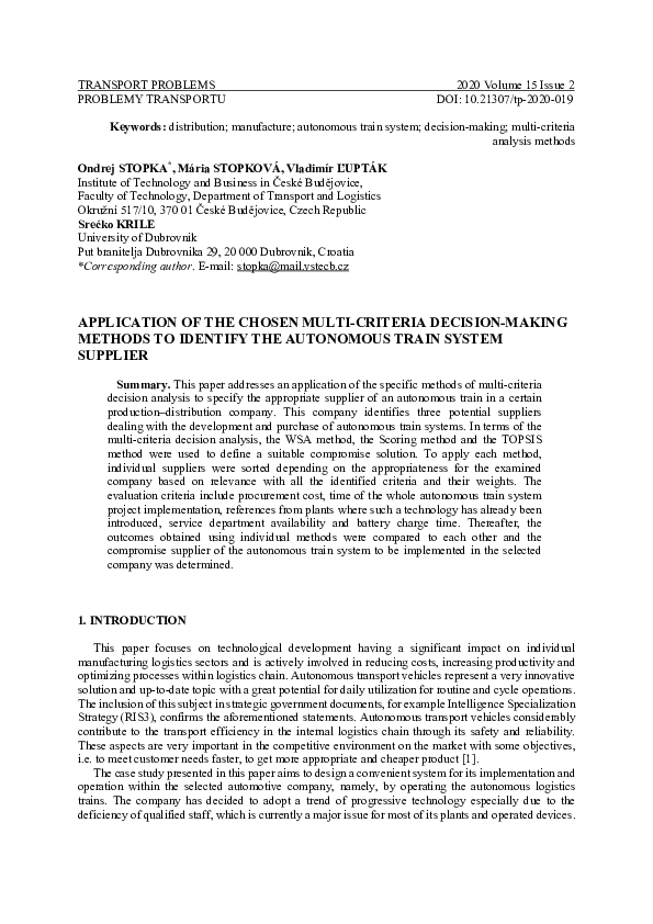 Pdf Application Of The Chosen Multi Criteria Decision Making Methods To Identify The