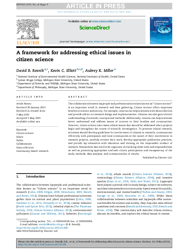 (PDF) A framework for addressing ethical issues in citizen science