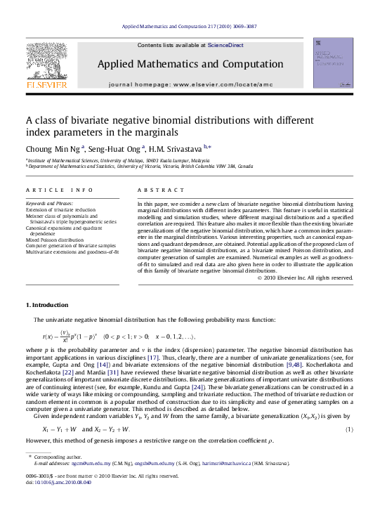 Pdf A Class Of Bivariate Negative Binomial Distributions With Different Index Parameters In