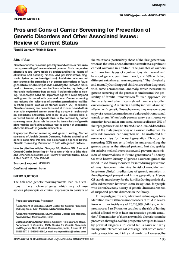 (PDF) Pros and Cons of Carrier Screening for Prevention of Genetic ...
