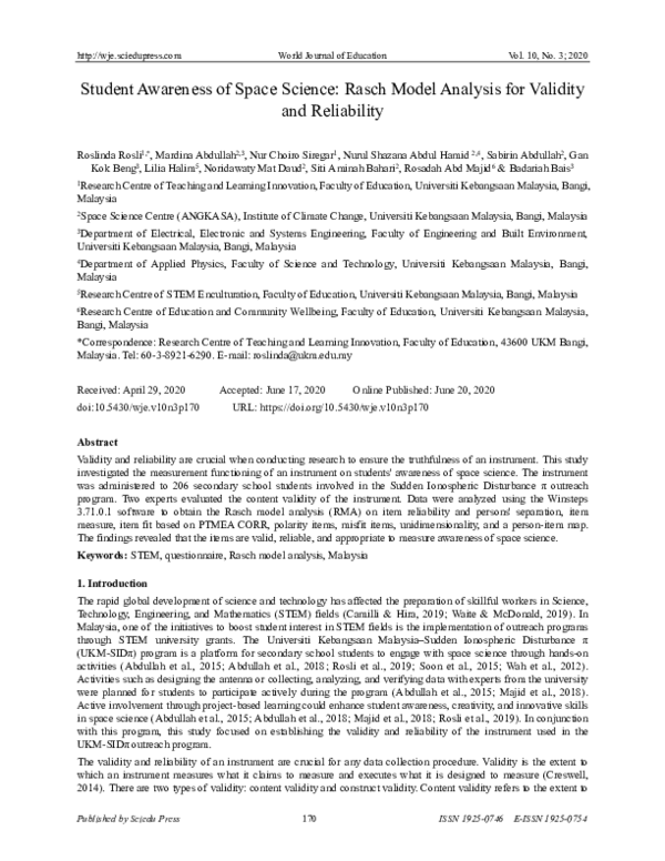 (PDF) Student Awareness of Space Science: Rasch Model Analysis for Validity and Reliability