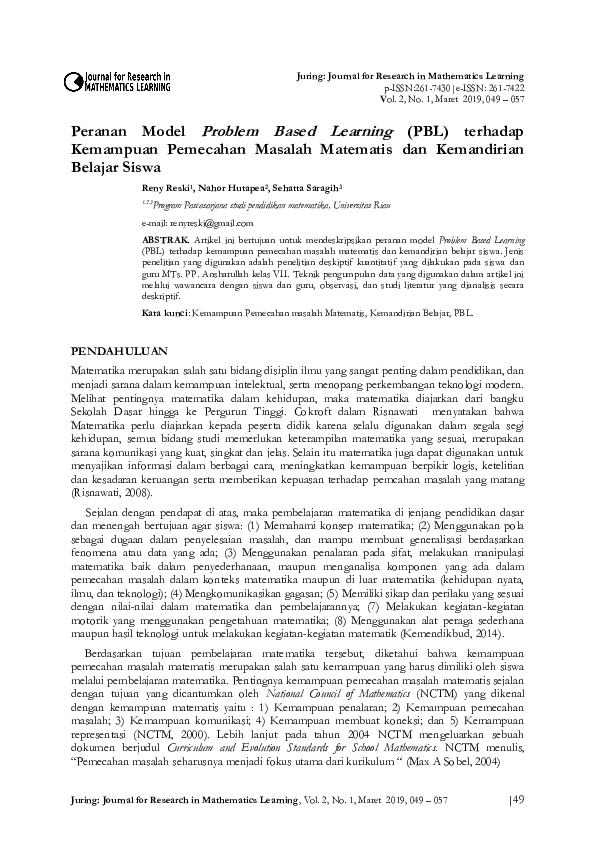 (PDF) Peranan Model Problem Based Learning (PBL) Terhadap Kemampuan Pemecahan Masalah Matematis ...