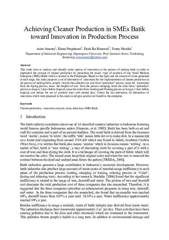 (PDF) Achieving cleaner production in SMEs batik toward innovation in ...