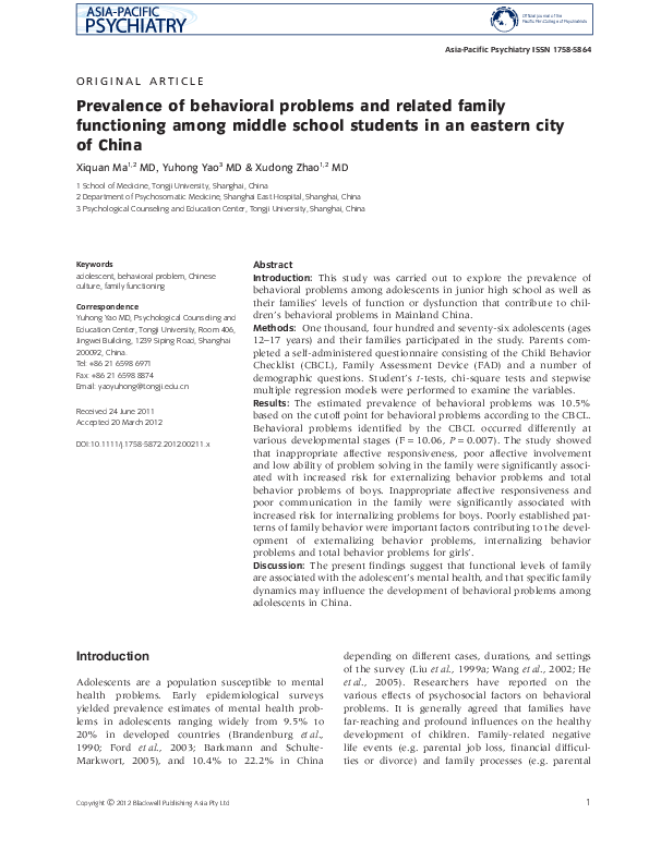 (PDF) Prevalence of behavioral problems and related family functioning ...