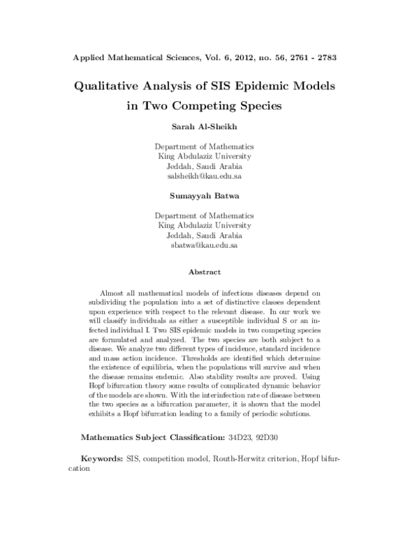 (PDF) Qualitative Analysis of SIS Epidemic Model in Two Competing Species