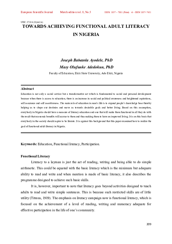 (PDF) Towards Achieving Functional Adult Literacy in Nigeria