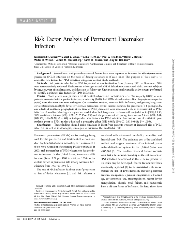 (PDF) Risk factor analysis of permanent pacemaker infection