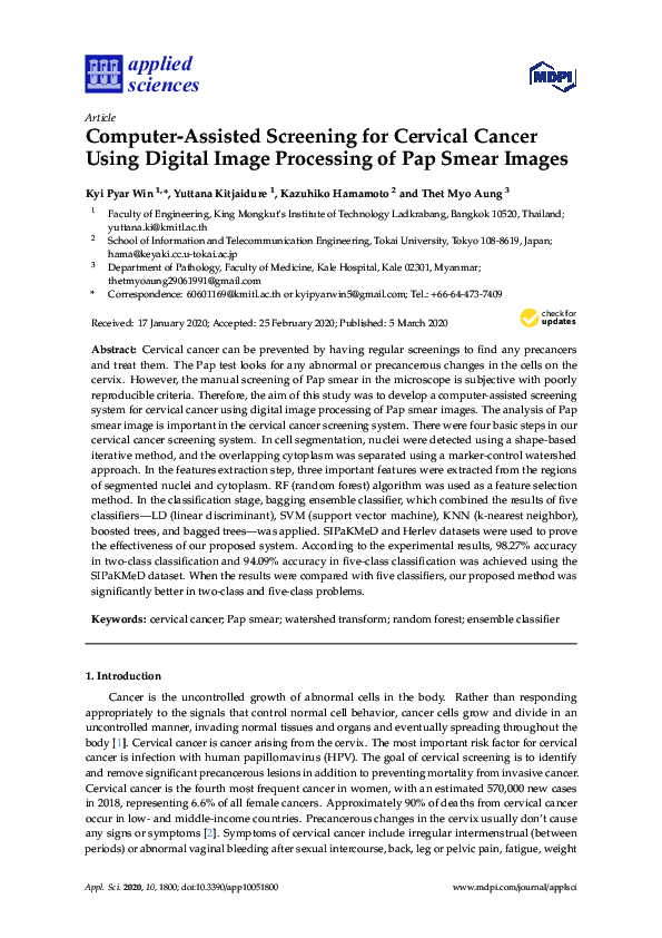 Pdf Computer Assisted Screening For Cervical Cancer Using Digital Image Processing Of Pap