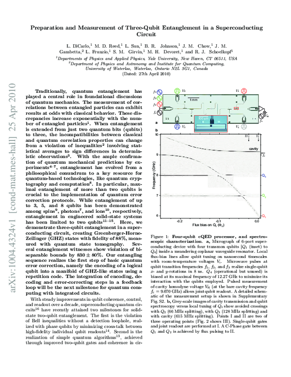 (PDF) Preparation and measurement of three-qubit entanglement in a superconducting circuit