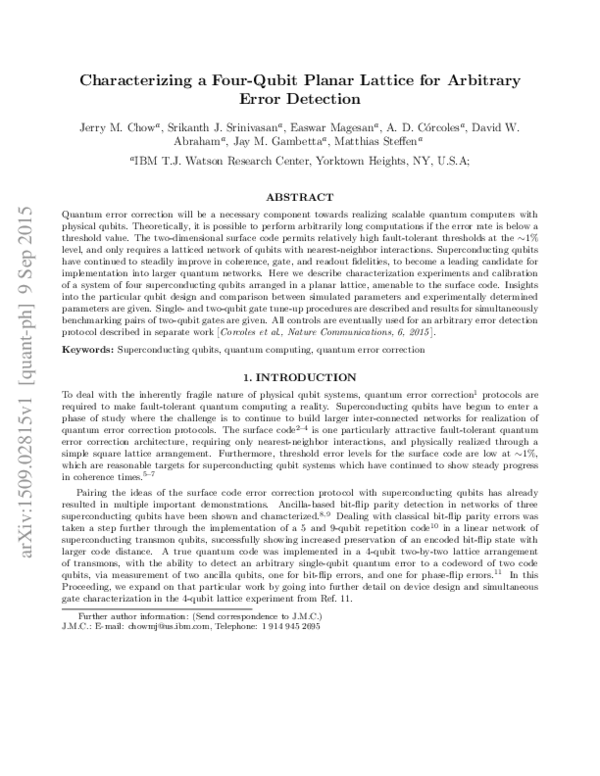 Pdf Characterizing A Four Qubit Planar Lattice For Arbitrary Error Detection