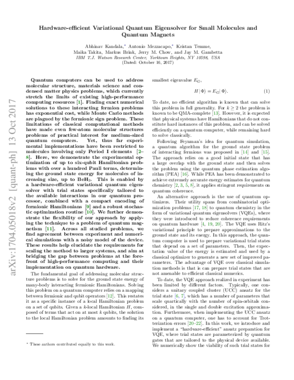 (PDF) Hardware-efficient variational quantum eigensolver for small molecules and quantum magnets