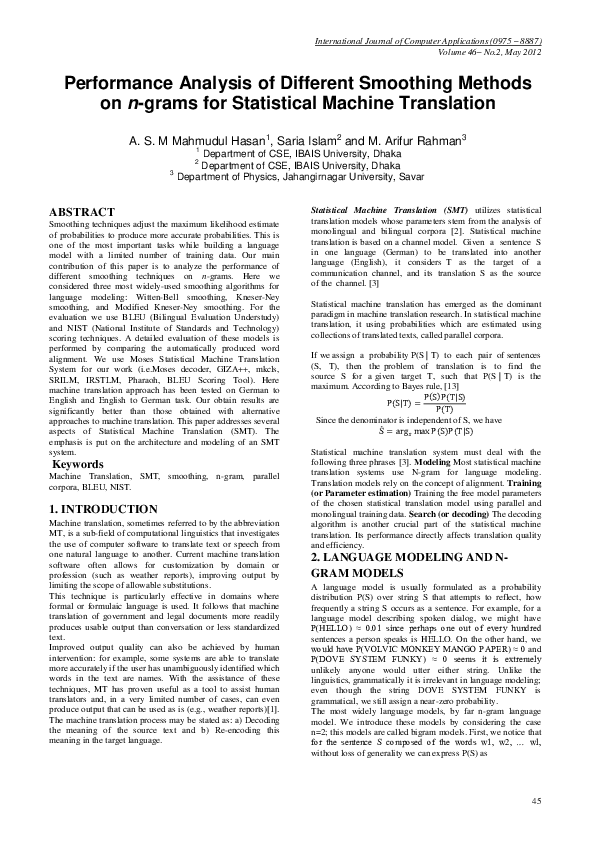 Pdf Performance Analysis Of Different Smoothing Methods On N Grams For Statistical Machine