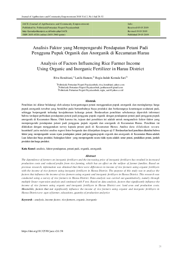 (PDF) Analisis Faktor yang Mempengaruhi Pendapatan Petani Padi Pengguna Pupuk Organik dan ...