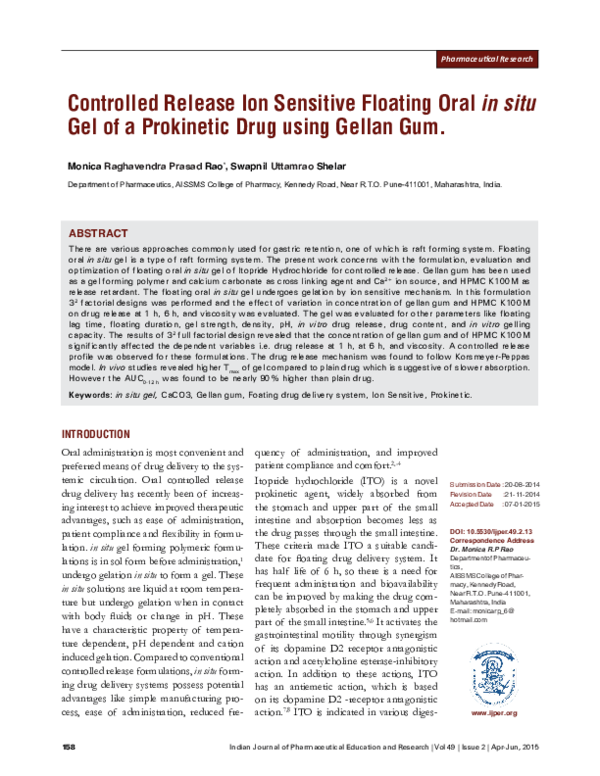 Pdf Controlled Release Ion Sensitive Floating Oral In Situ Gel Of A Prokinetic Drug Using