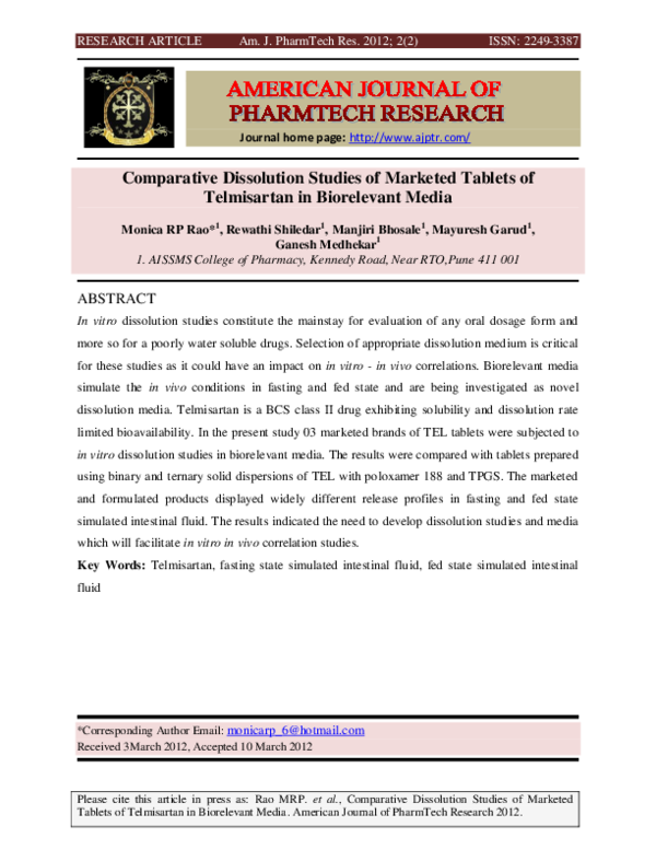 (PDF) Comparative Dissolution Studies of Marketed Tablets of ...