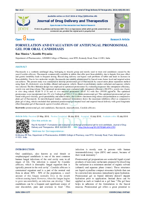 (PDF) Formulation and Evaluation of Antifungal Proniosomal Gel for Oral ...