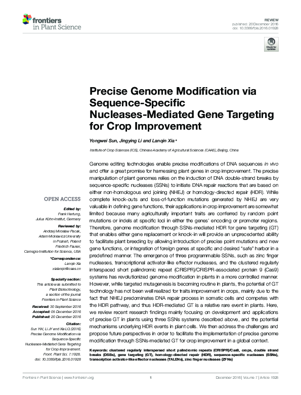 (PDF) Genome Editing in Crops via SSNs Gene Targeting