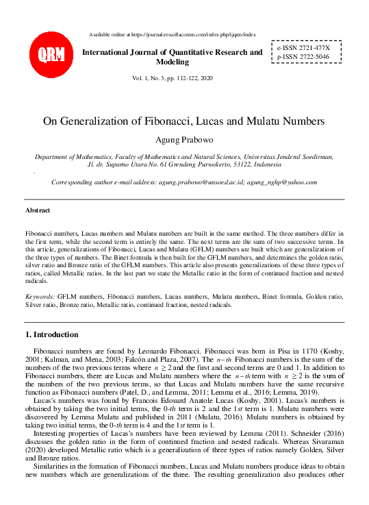 (PDF) On Generalization of Fibonacci, Lucas and Mulatu Numbers