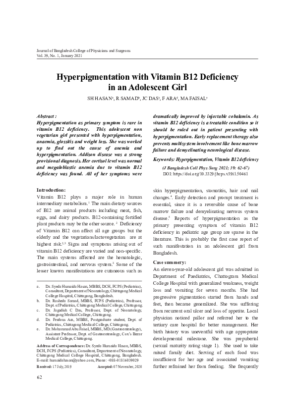 (PDF) Hyperpigmentation with Vitamin B12 Deficiency in an Adolescent Girl