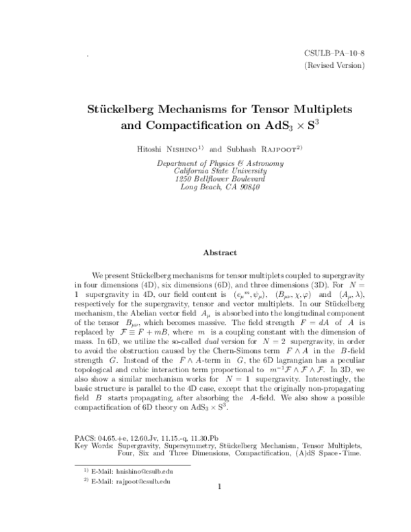 (PDF) Stückelberg mechanisms for tensor multiplets and compactification on AdS_{3}×S^{3}