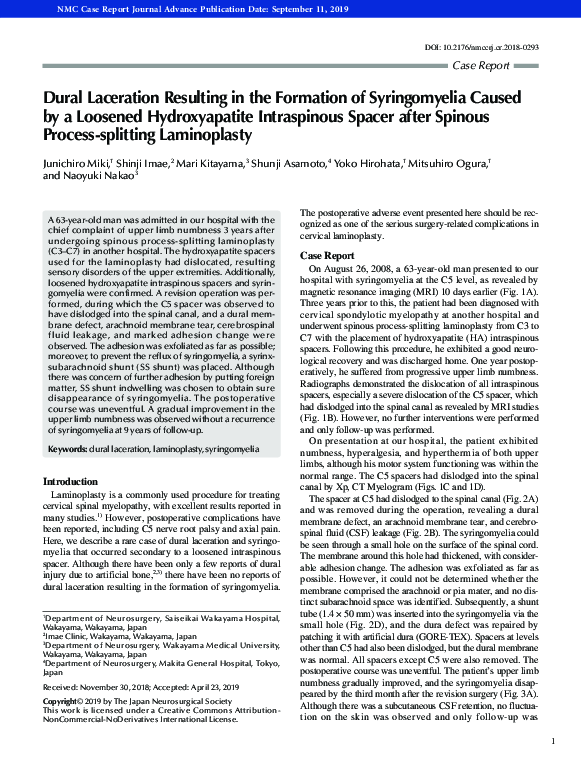 (PDF) Dural Laceration Resulting in the Formation of Syringomyelia ...