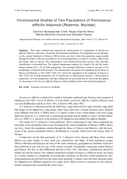 (PDF) Chromosomal Studies of Two Populations of Peromyscus difficilis felipensis (Rodentia: Muridae)