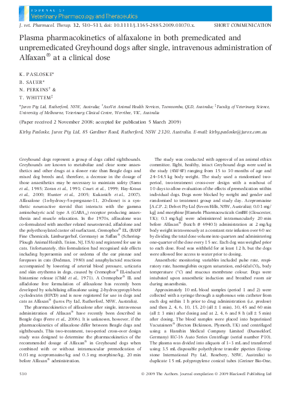 (PDF) Plasma pharmacokinetics of alfaxalone in both premedicated and ...