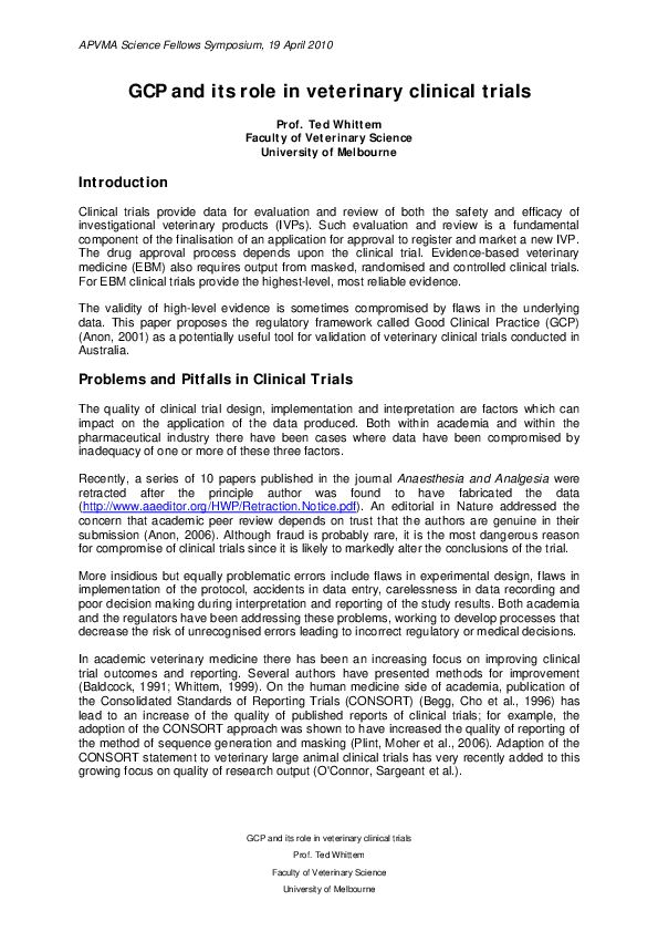 (PDF) GCP and its role in veterinary clinical trials