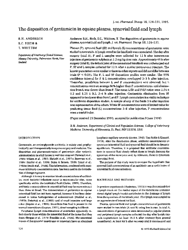 (PDF) The disposition of gentamicin in equine plasma, synovial fluid ...