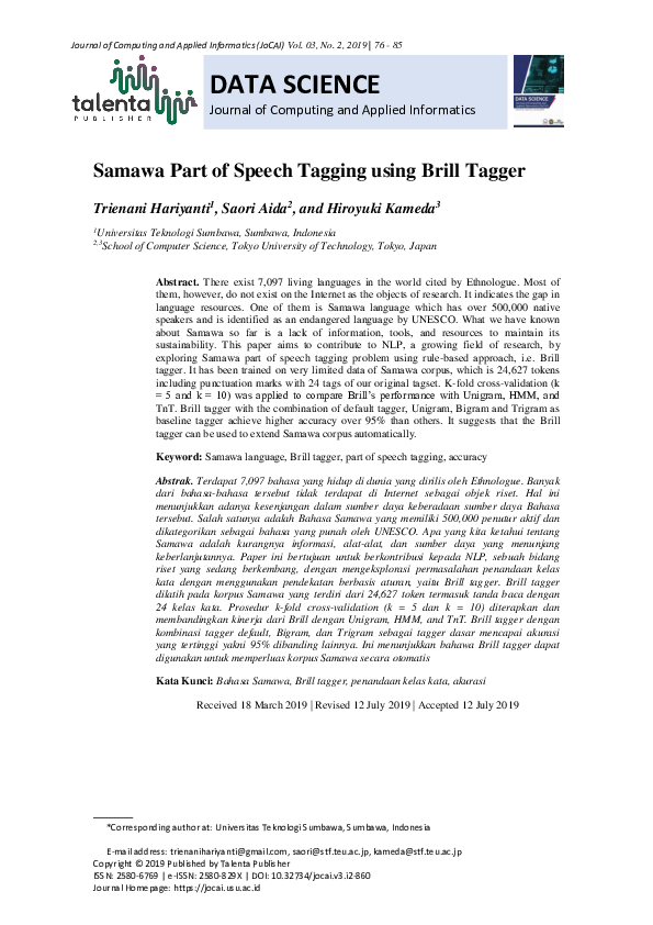 (PDF) Samawa Part of Speech Tagging using Brill Tagger