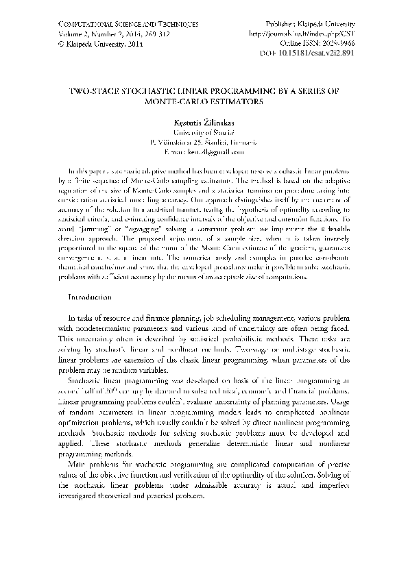 (PDF) Two-stage stochastic linear programming by a series of Monte-Carlo estimators