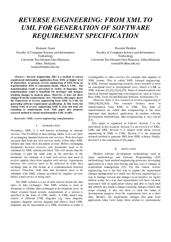 (PDF) Reverse Engineering: From Xml to Uml for generation of software requirement specification