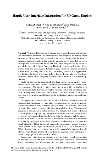(PDF) Haptic User Interface Integration for 3D Game Engines | Batuhan ...