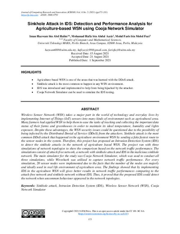 (PDF) Sinkhole Attack in IDS: Detection and Performance Analysis for Agriculture-based WSN using ...