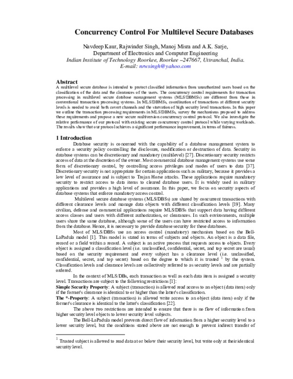 (PDF) Concurrency Control for Multilevel Secure Databases