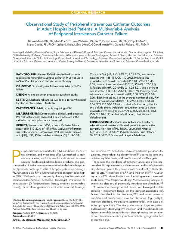 (PDF) Observational Study of Peripheral Intravenous Catheter Outcomes ...