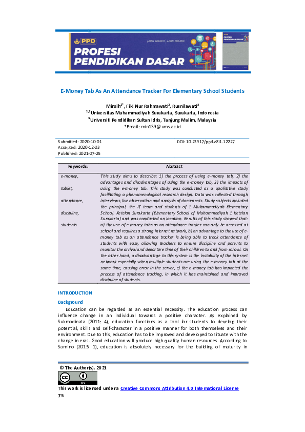(PDF) E-Money Tab As An Attendance Tracker For Elementary School Students